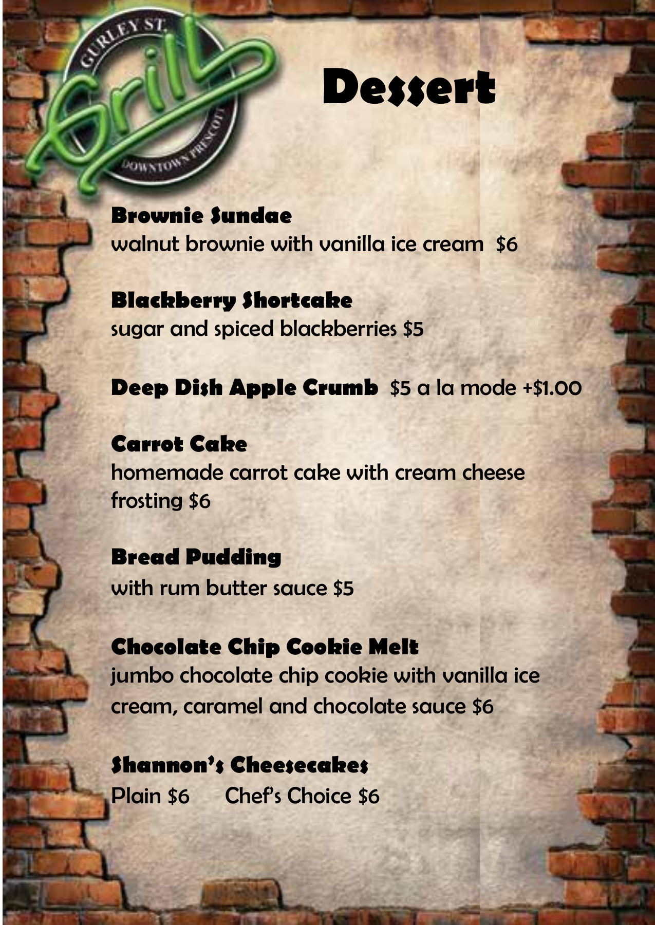 Gurley St Grill menu in Prescott, Arizona, USA