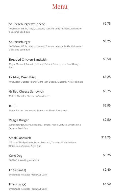 Squeeze Inn Hamburgers menu in Napa, California, USA