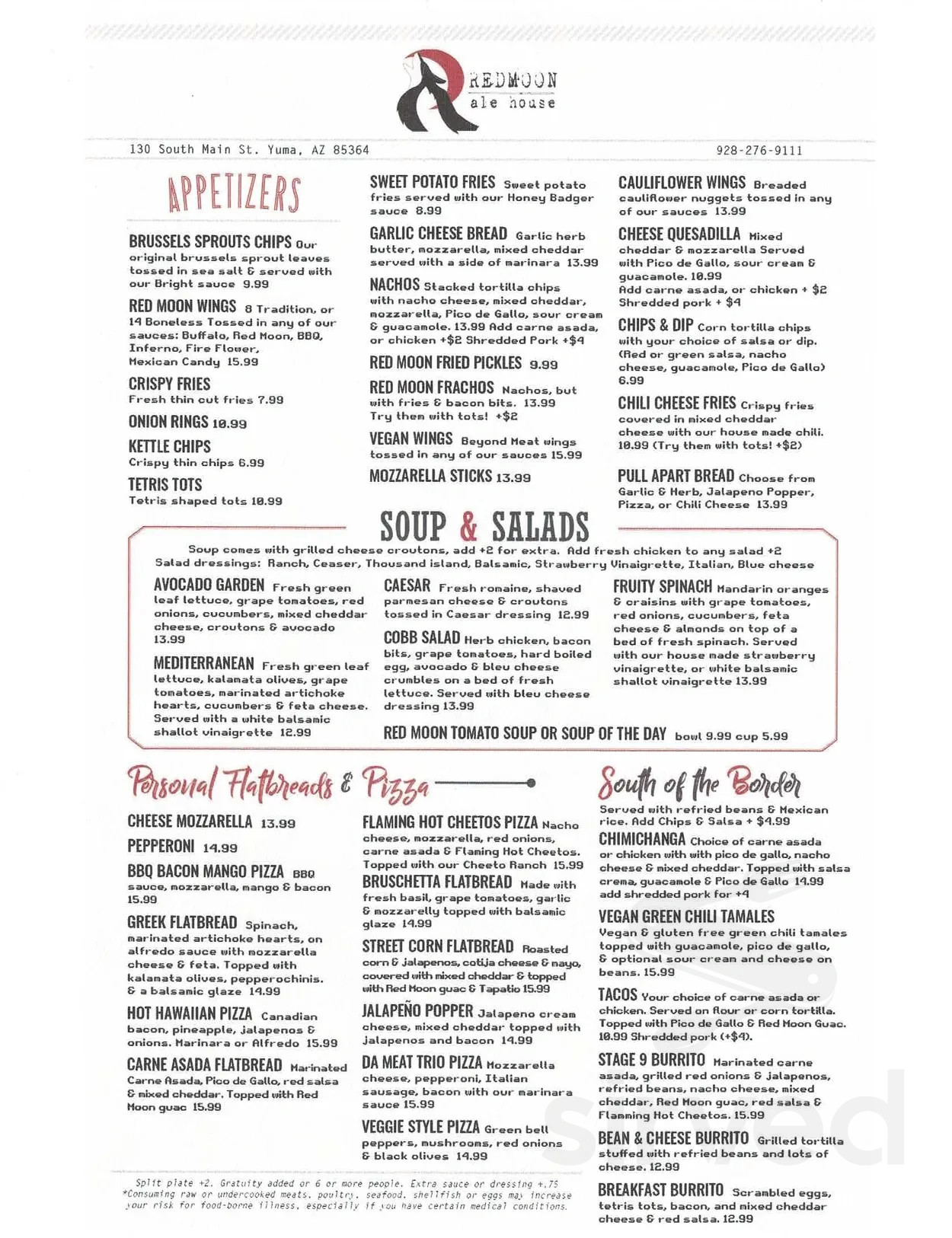 Red Moon Ale House menu in Yuma, Arizona, USA