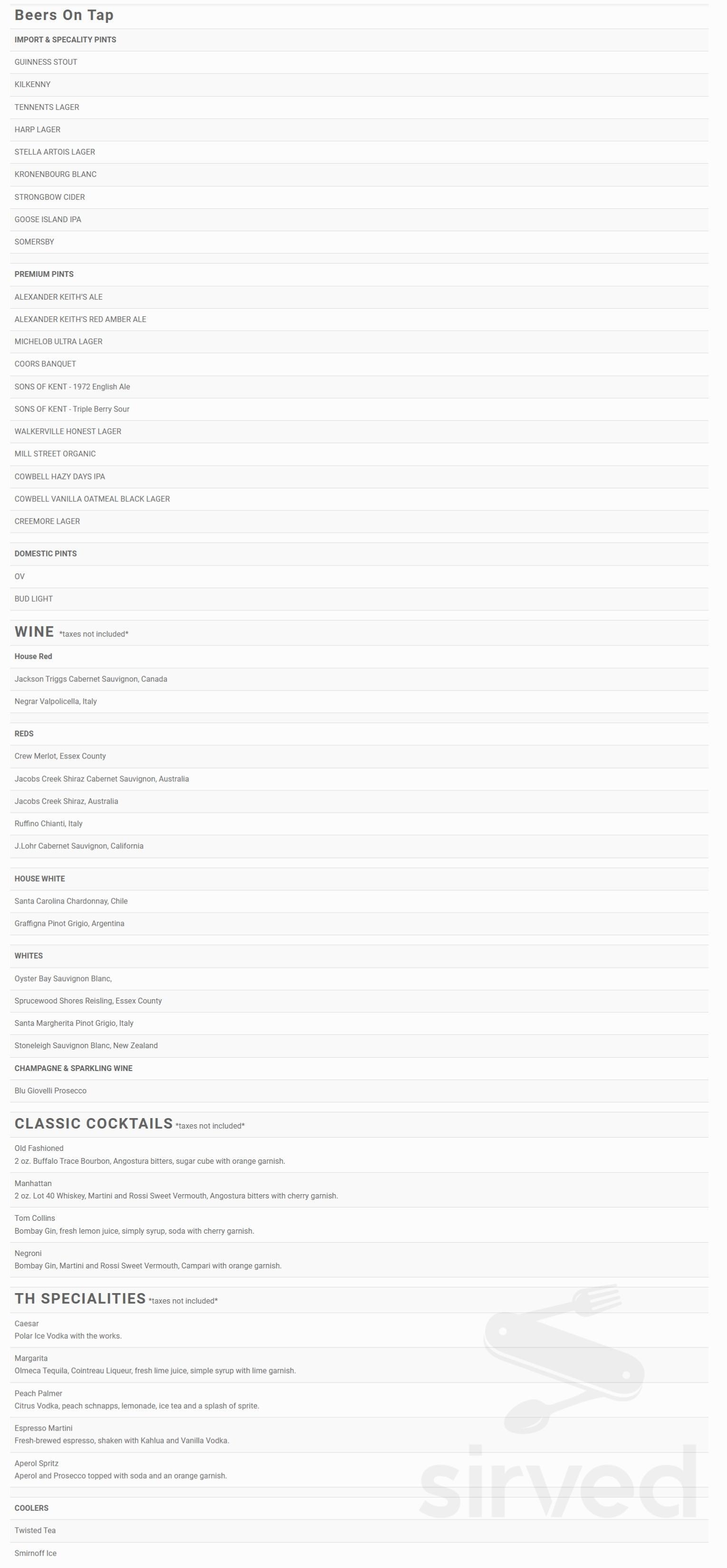 Thompson House Restaurant & Pub menu in Windsor, Ontario, Canada
