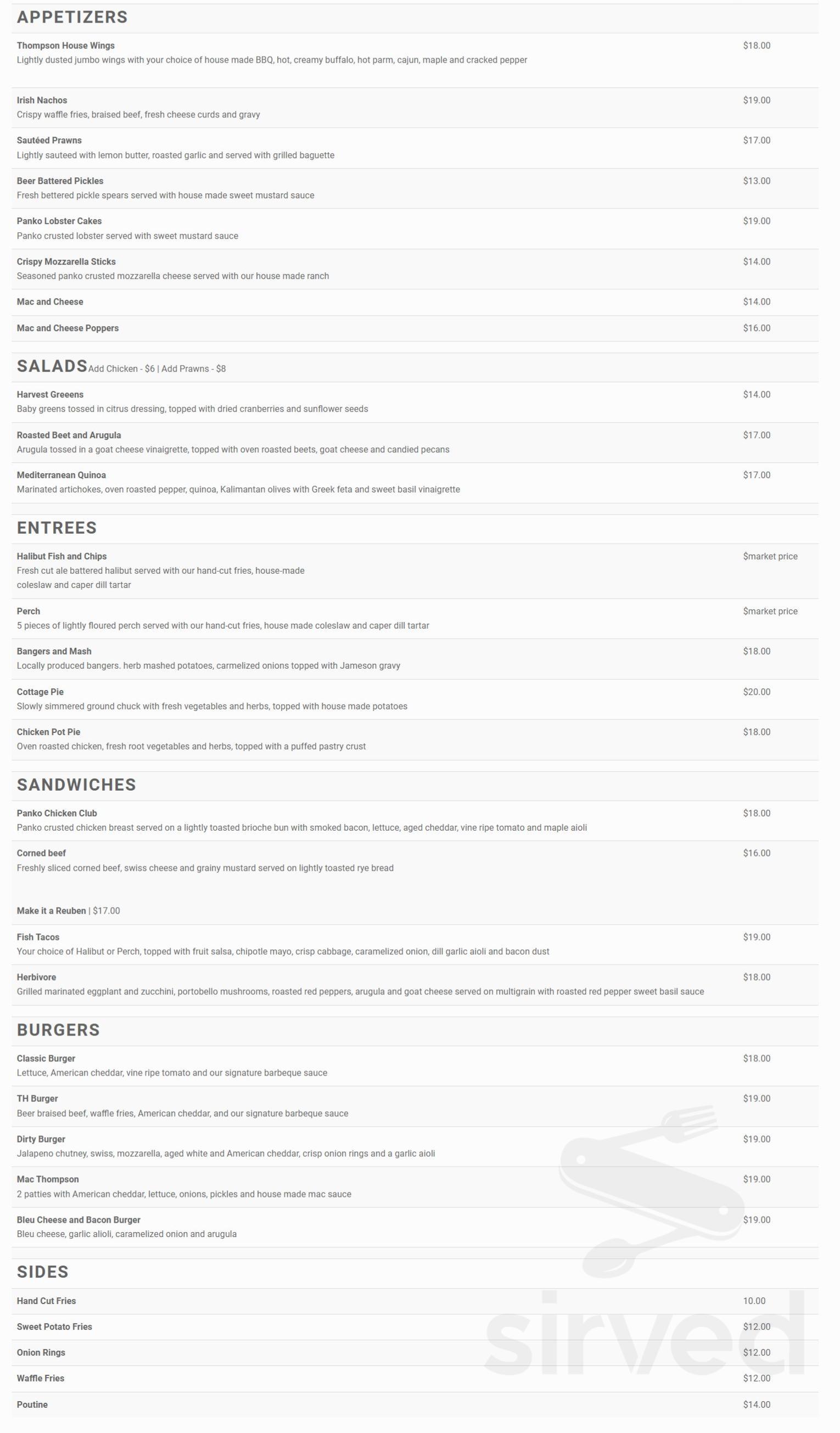 Menu for Thompson House Restaurant & Pub in Windsor, ON | Sirved