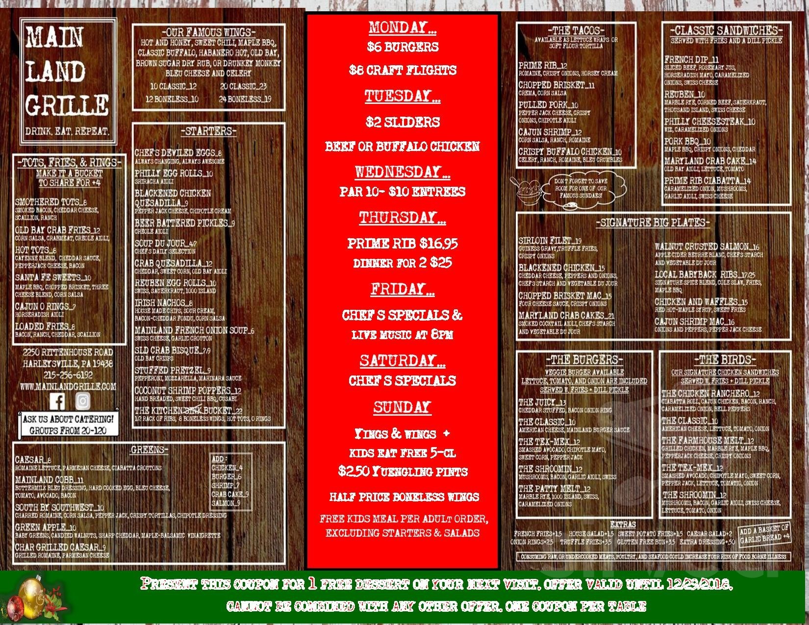 Menu - Harleysville PA's Mainland Grille | Sirved