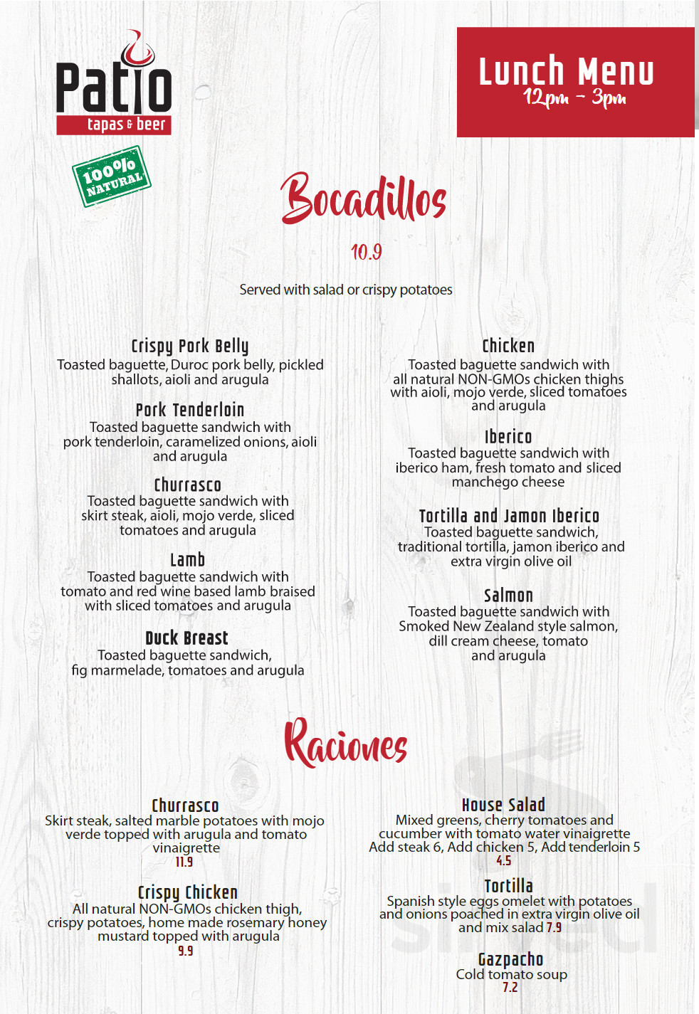 Patio Tapas and Beer menu in Boca Raton, Florida, USA
