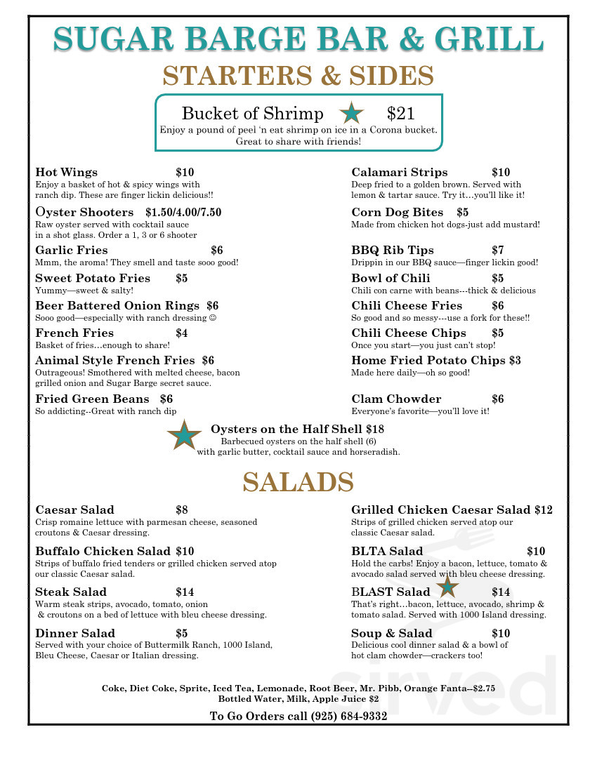 Sugar Barge Waterfront Bar & Grill menus in Bethel Island, California ...