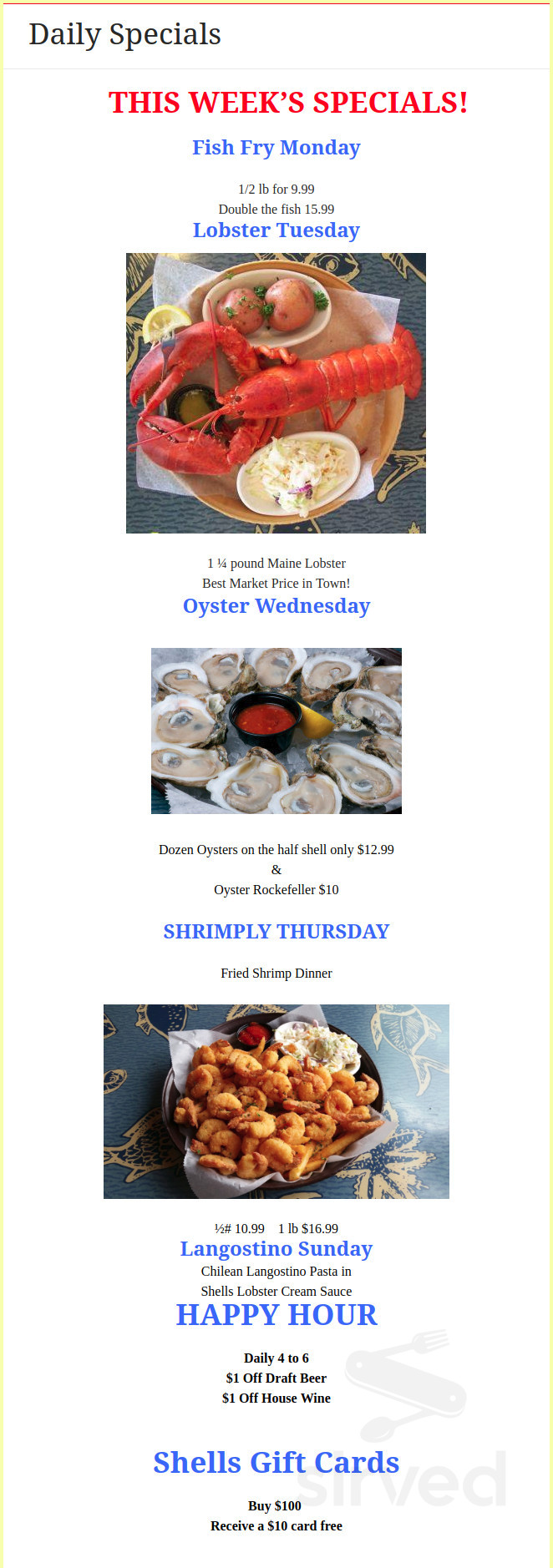 Shells of Melbourne menu in Melbourne, Florida, USA