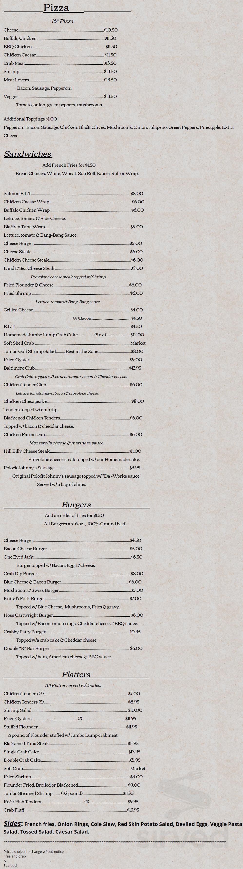 Menu - Freeland MD's Freeland Crab and Seafood | Sirved