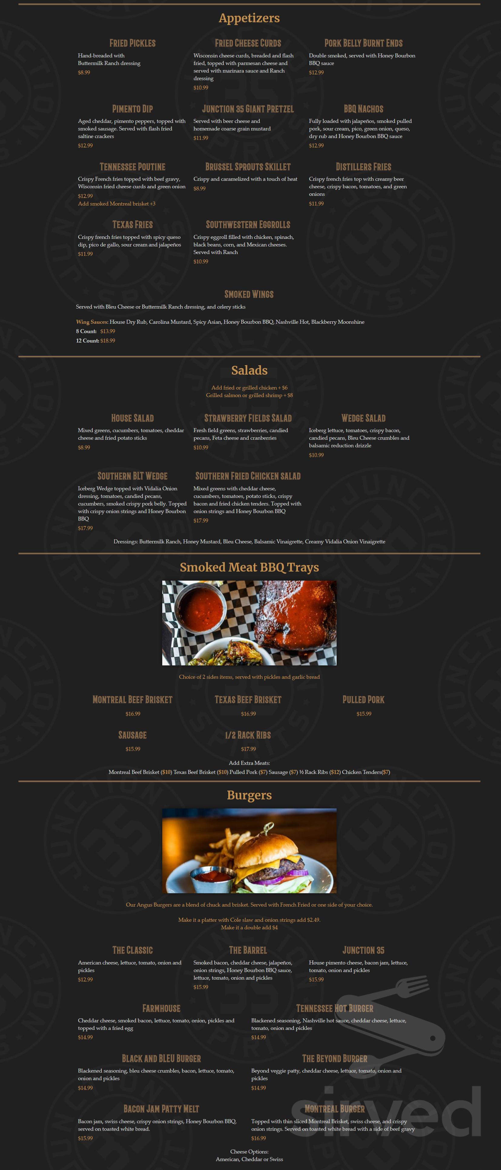 Junction 35 Spirits menu in Pigeon Forge, Tennessee, USA