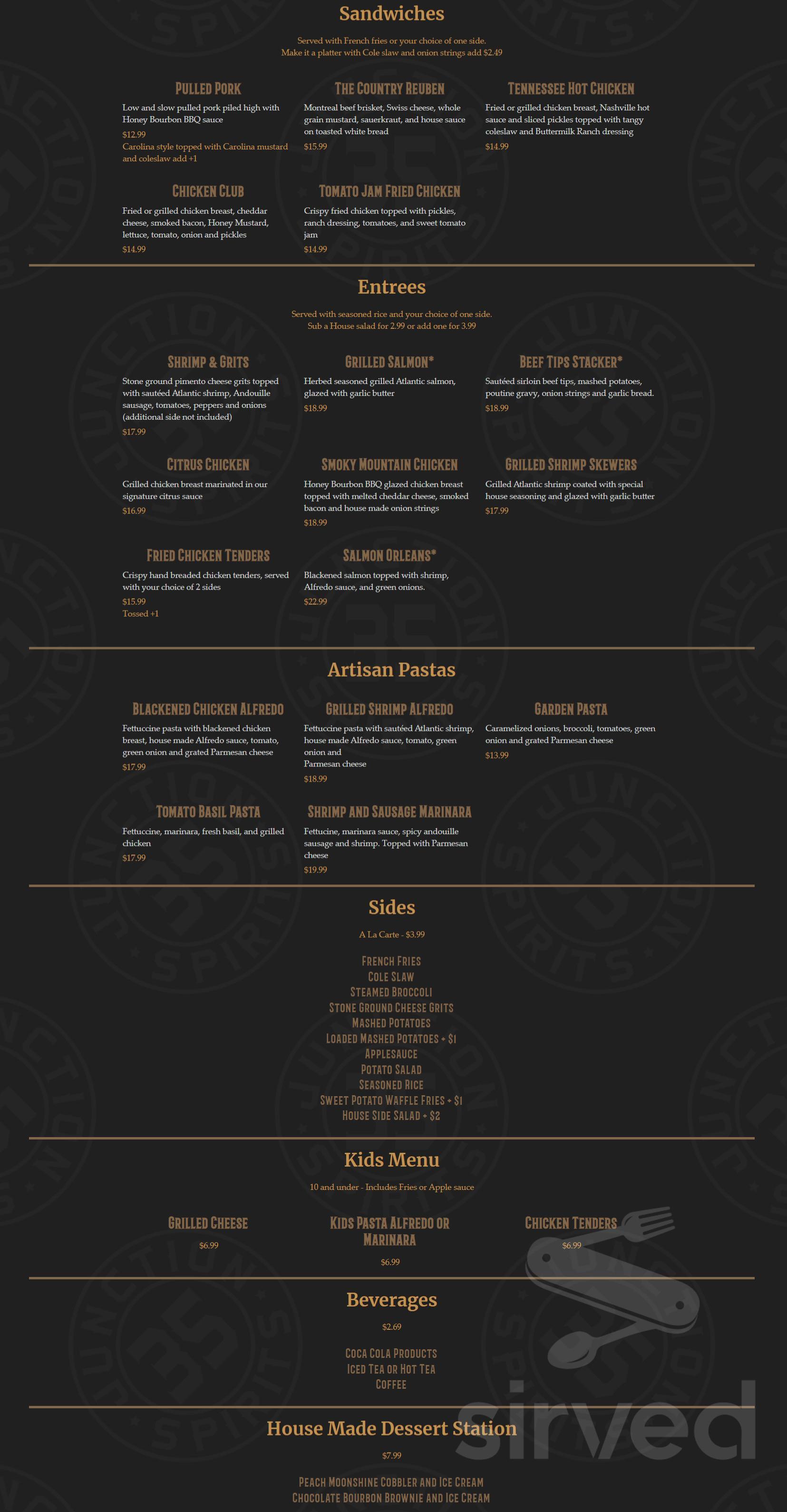 Junction 35 Spirits menu in Pigeon Forge, Tennessee, USA