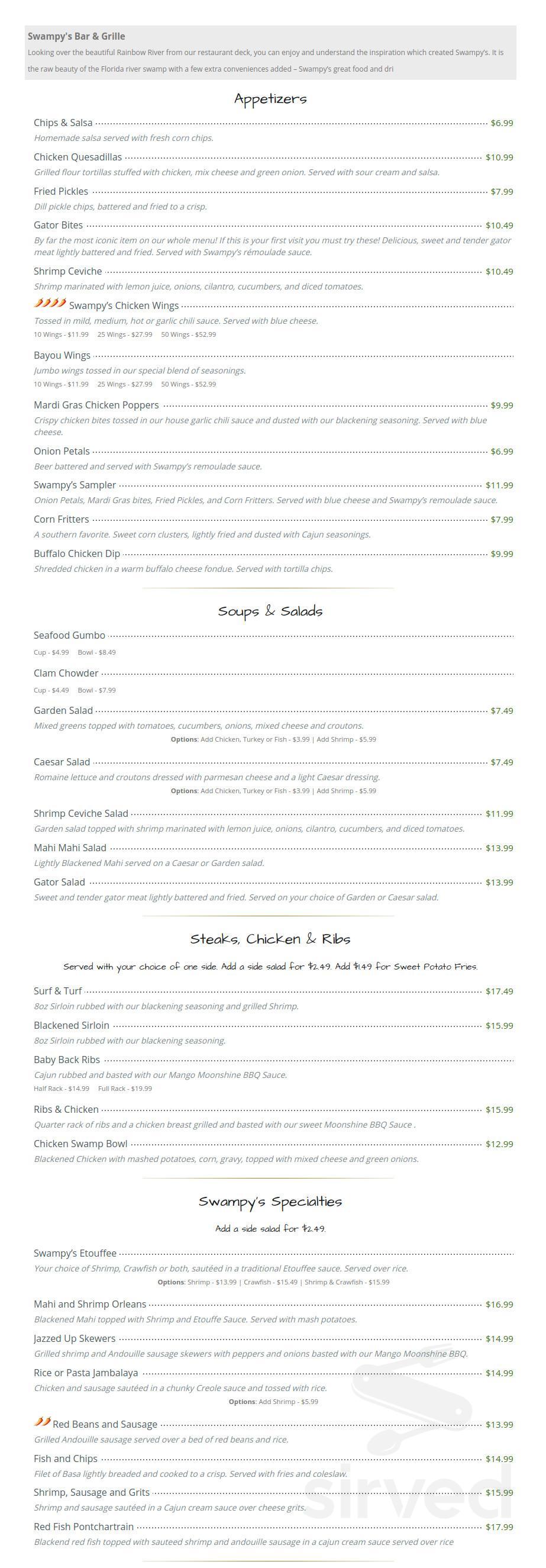 Menu for Swampy's Bar & Grille in Dunnellon, FL | Sirved