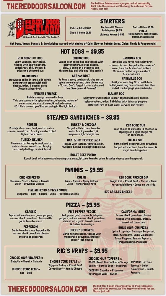 Menu for The Red Door Saloon in Nashville, Tennessee, United States