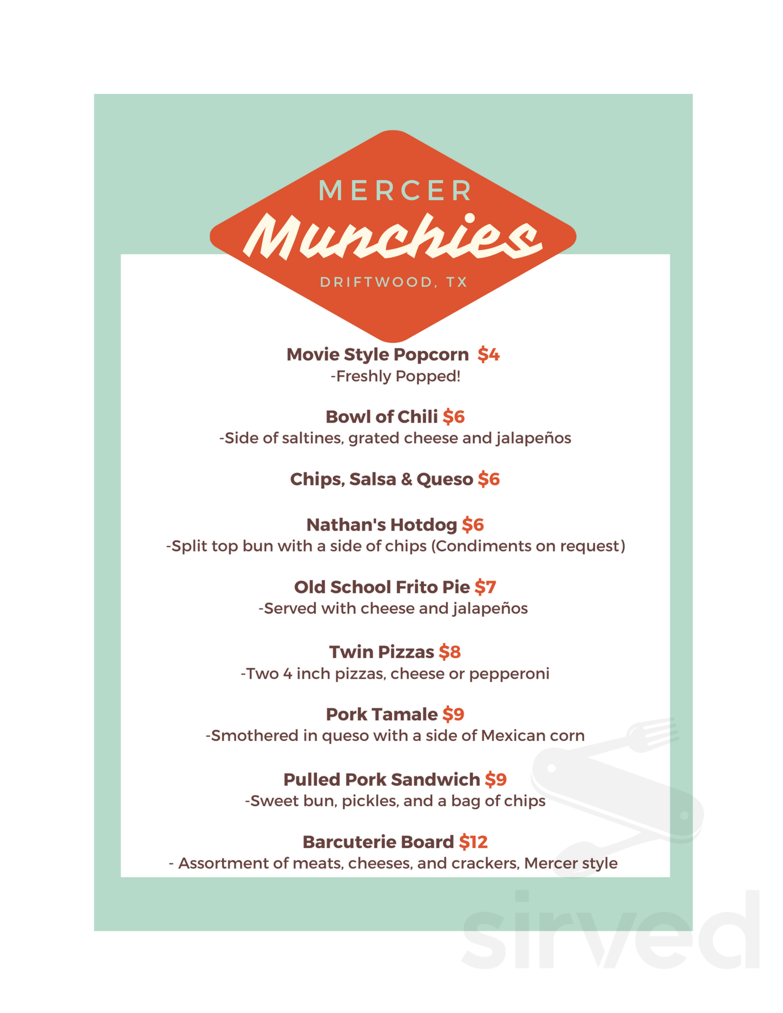 Mercer Dancehall menu in Driftwood, Texas, USA