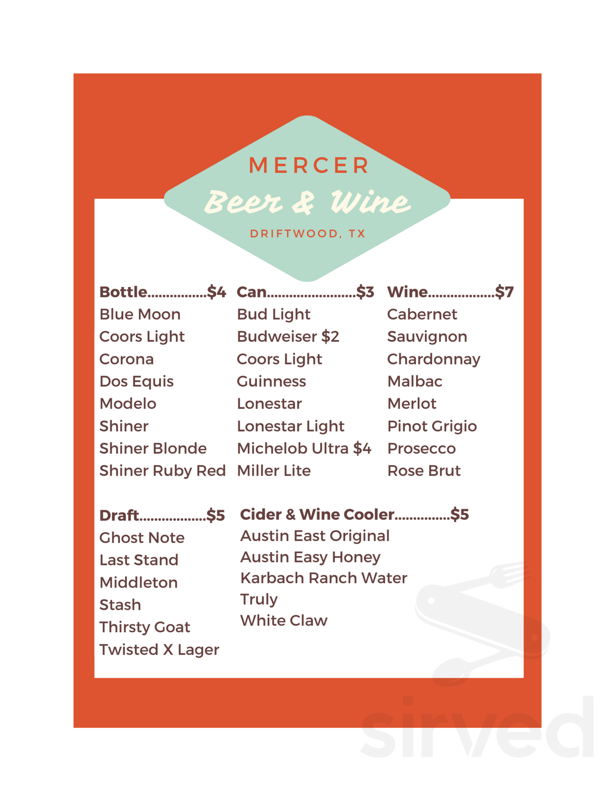 Mercer Dancehall menu in Driftwood, Texas, USA