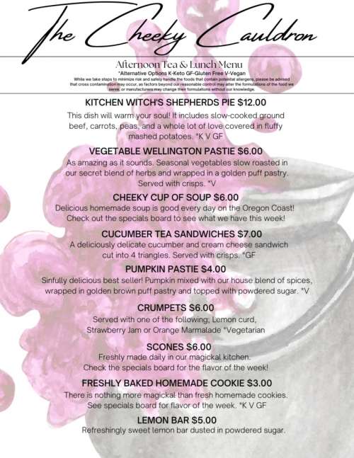 The Cheeky Cauldron menu in Lincoln City, Oregon, USA