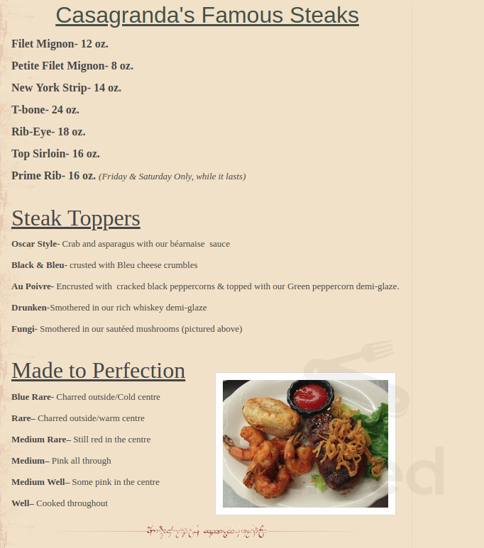 Menu - Butte MT's Casagranda's Steakhouse | Sirved