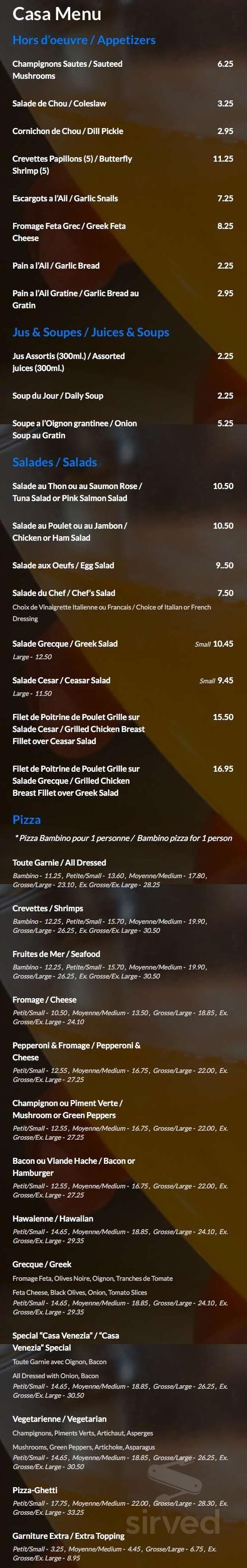 Menu for Casa Venezia Restaurant in Ormstown, QC | Sirved