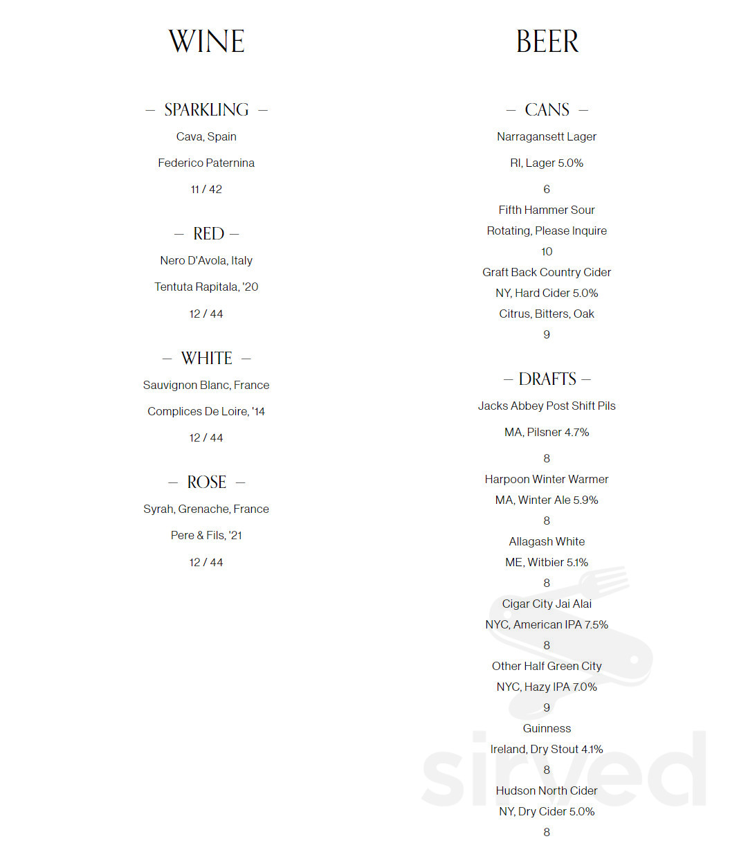 Bonnie Vee menu in New York, New York, USA