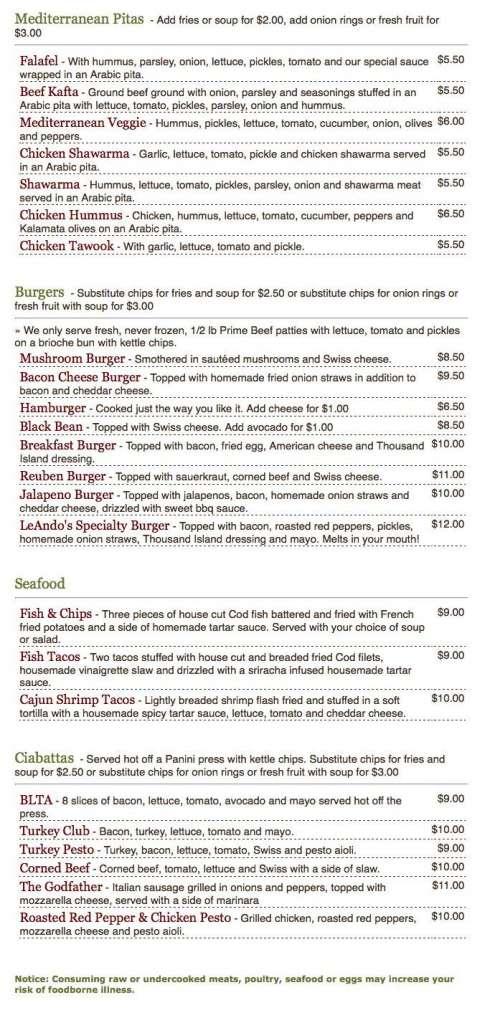 Le Andos Cafe menu in Macomb, Michigan, USA