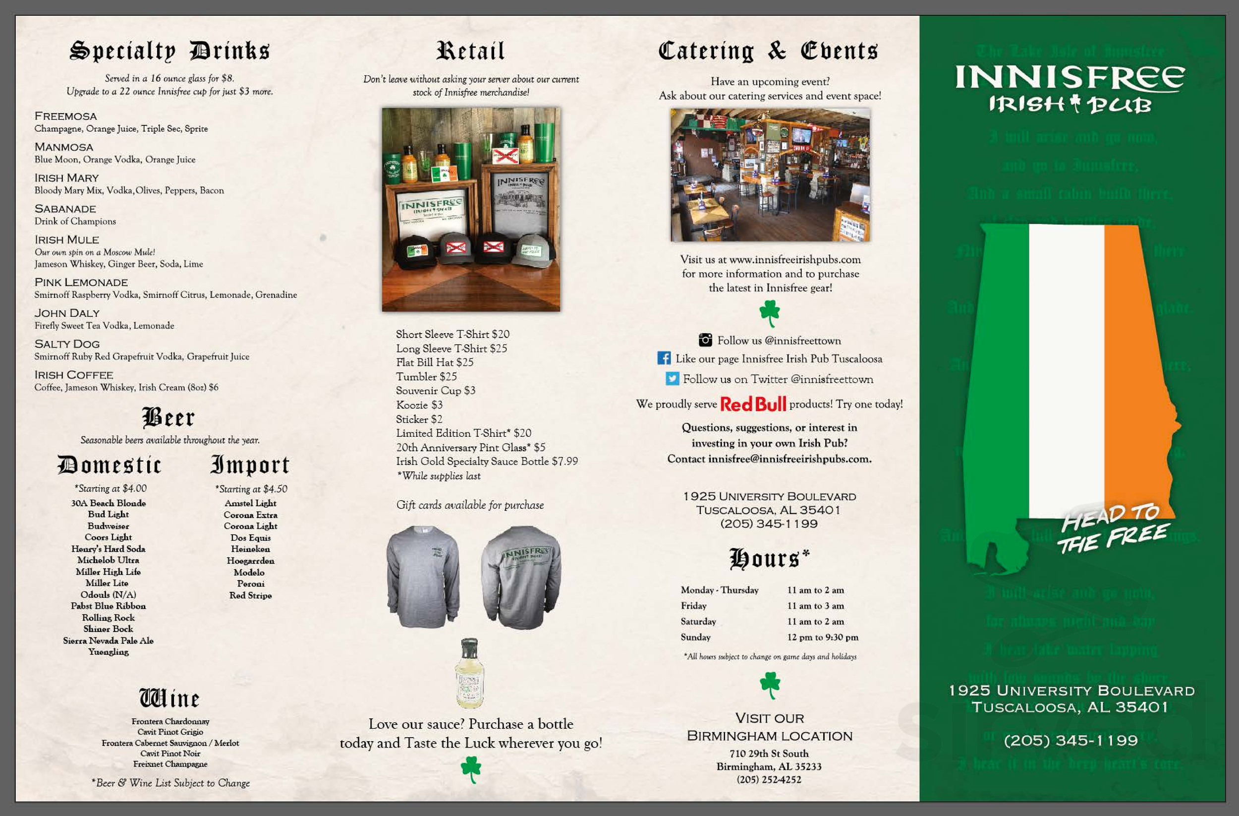 Menu for Innisfree Pub in Birmingham, AL | Sirved