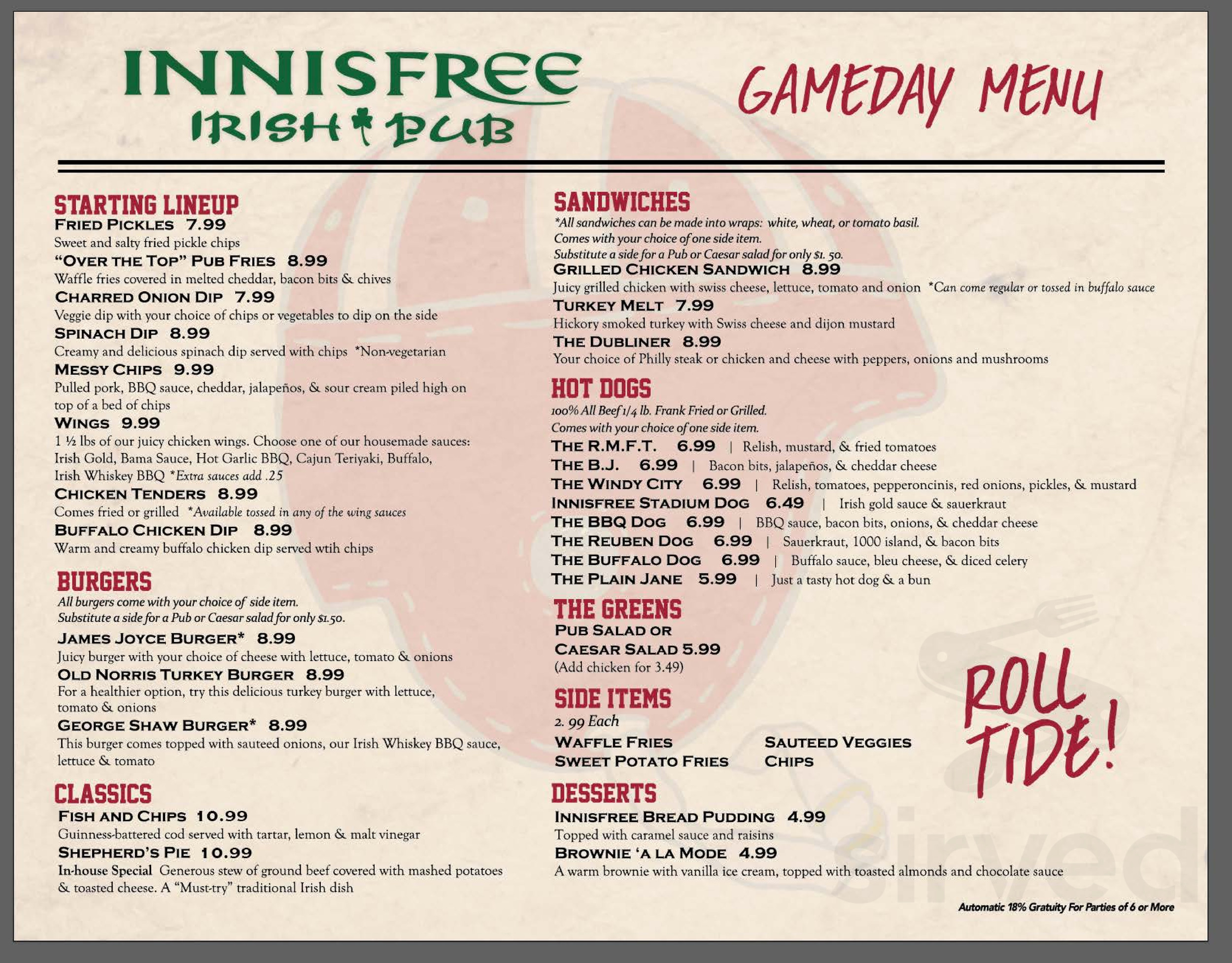 Innisfree Pub menu in Birmingham, Alabama, USA
