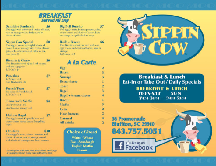 Sippin Cow Cafe & Grill menus in Bluffton, South Carolina, United States