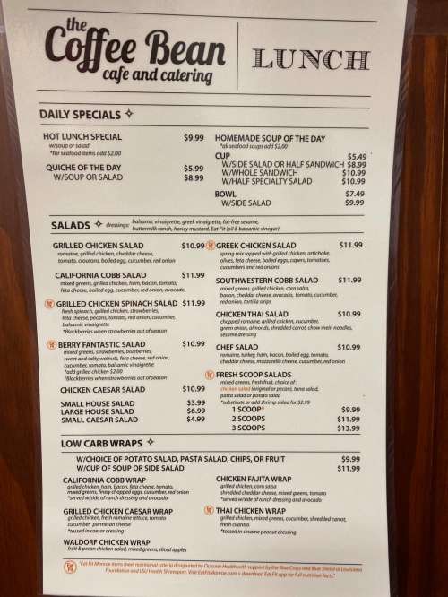 The Coffee Bean menu in Monroe, Louisiana, USA