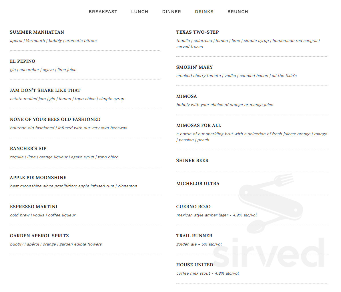 The Vineyard at Florence menu in Florence, Texas, USA