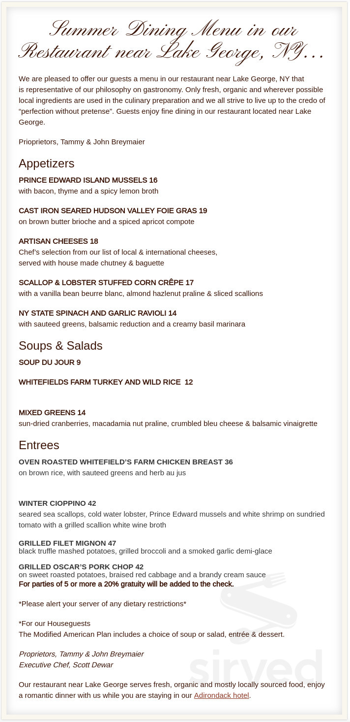 Friends Lake Inn menu in Chestertown, New York, USA