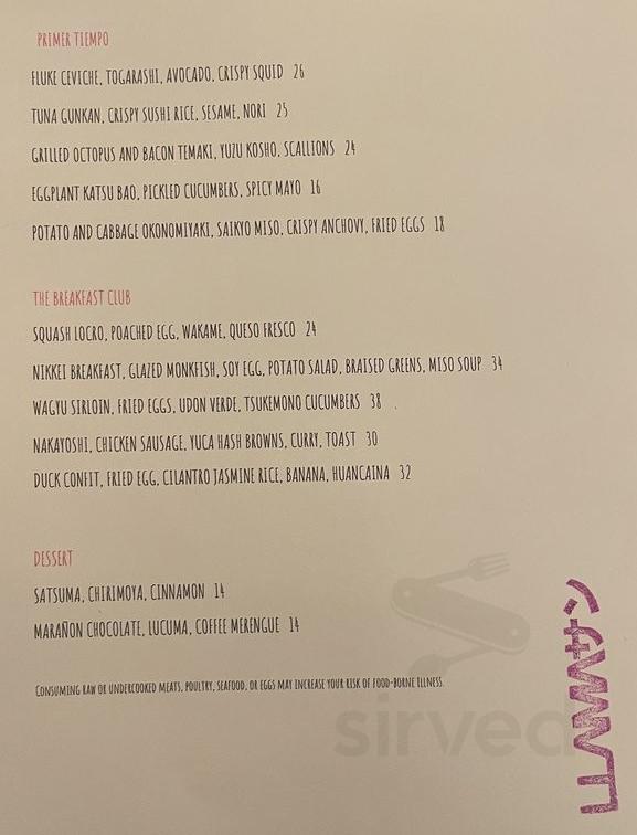 Llama San menu in New York, New York, USA