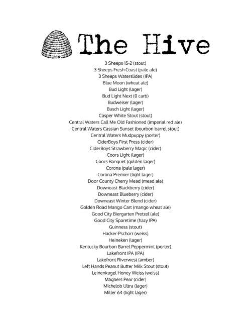 The Hive menu in Fond du Lac, Wisconsin, USA