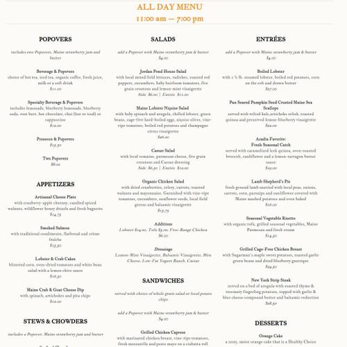 Jordan Pond House Restaurant menu in Seal Harbor, Maine, USA