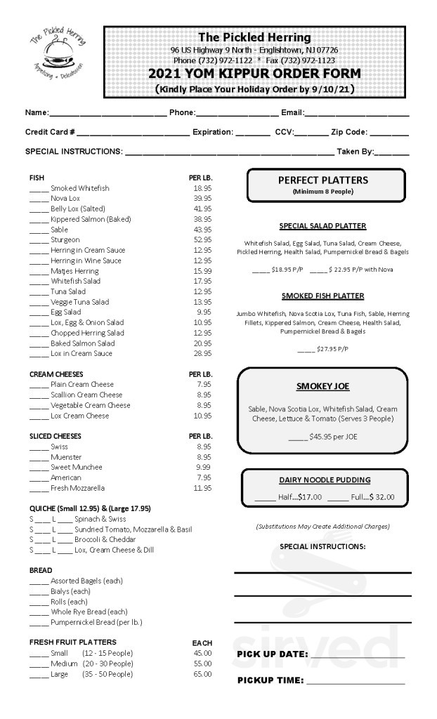 The Pickled Herring menu in Englishtown, New Jersey, USA
