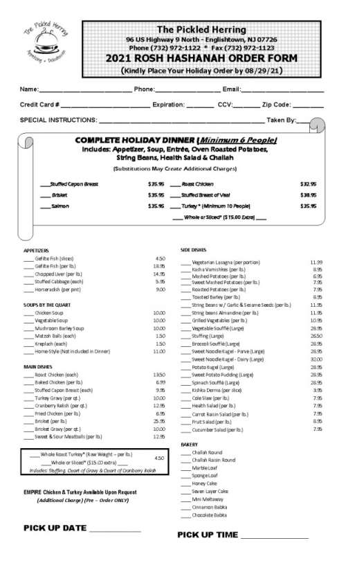The Pickled Herring menu in Englishtown, New Jersey, USA