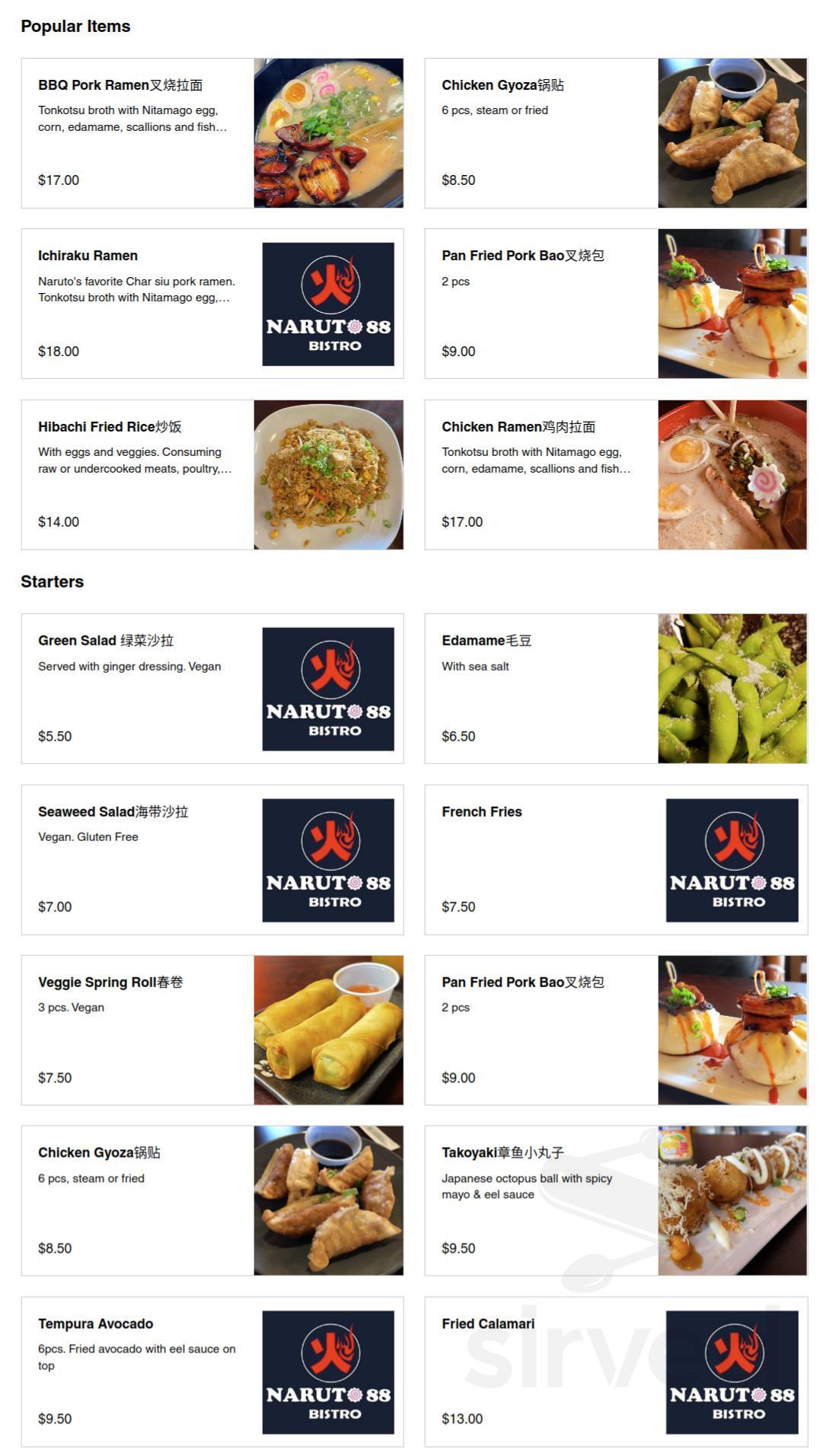 Naruto 88 Bistro menu in Miami, Florida, USA