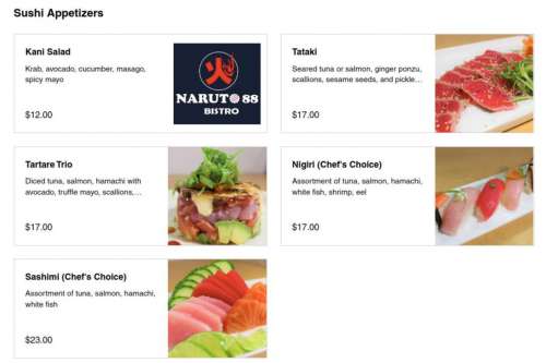 Naruto 88 Bistro menu in Miami, Florida, USA
