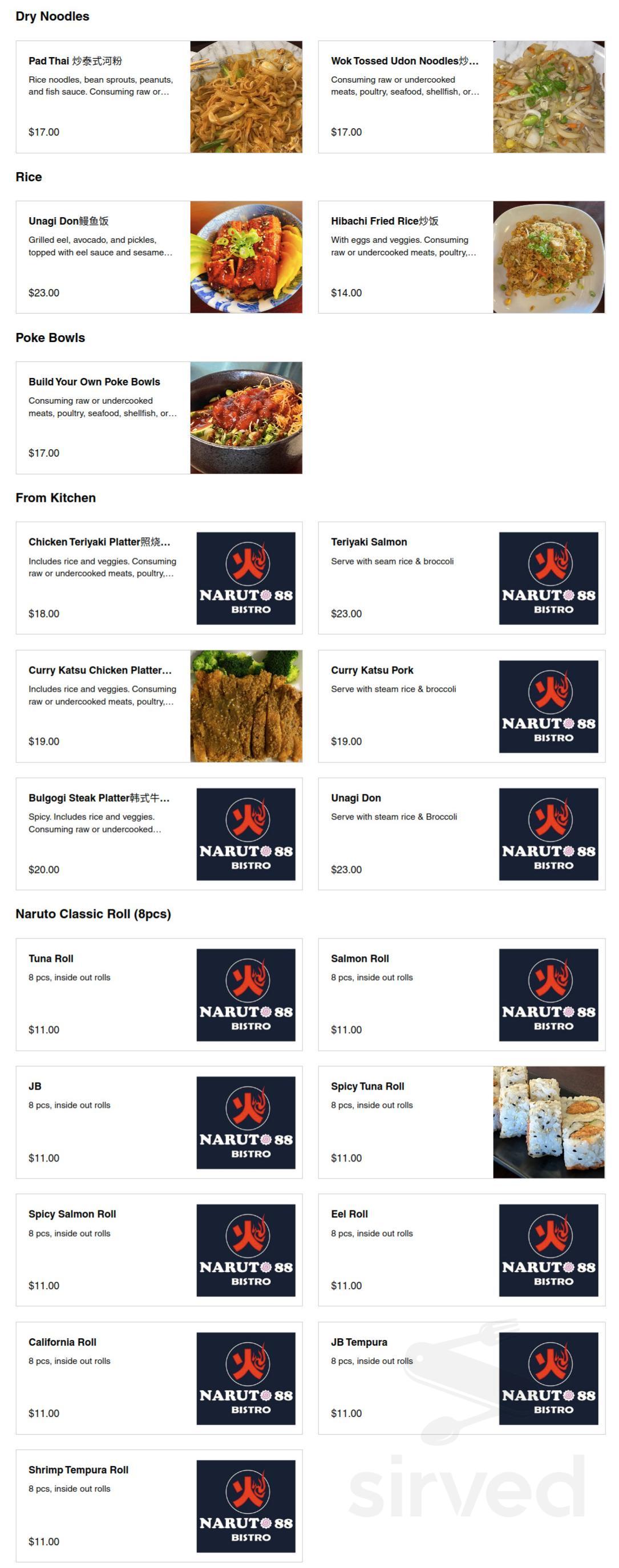 Naruto 88 Bistro menu in Miami, Florida, USA