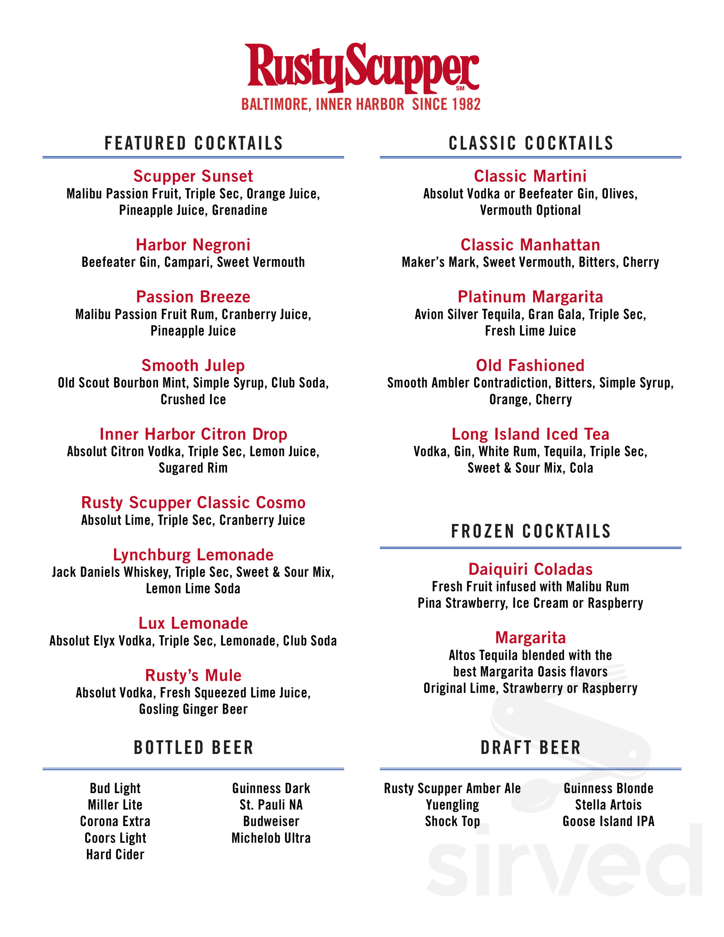 Rusty Scupper Restaurant & Bar menus in Baltimore, Maryland, United States Rusty Scupper Restaurant & Bar menus in Baltimore, Maryland, United States