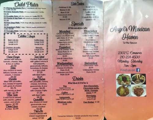 Angel's Mexican Haven menu in San Antonio, Texas, USA