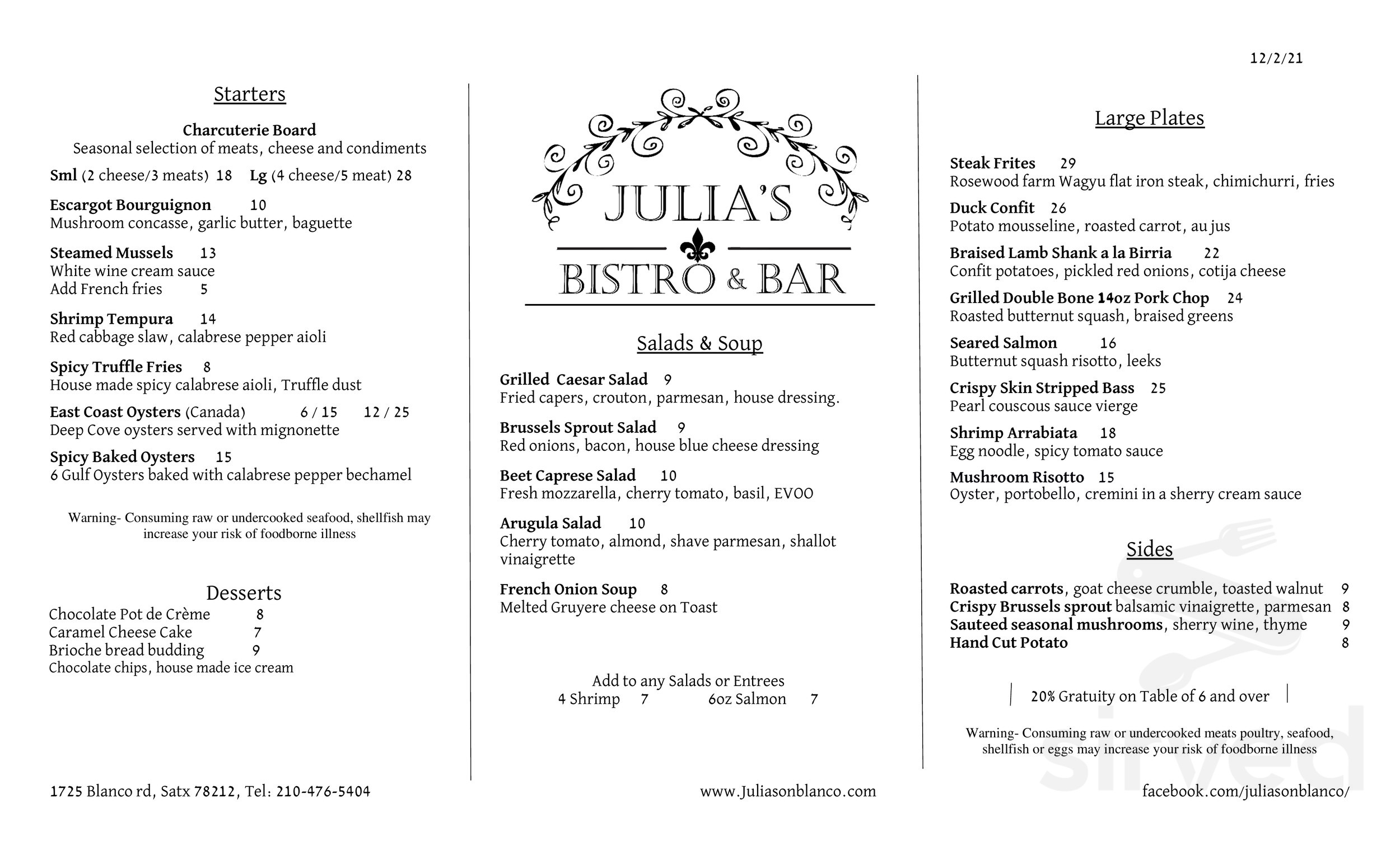 Julias Bistro & Bar menu in San Antonio, Texas, USA