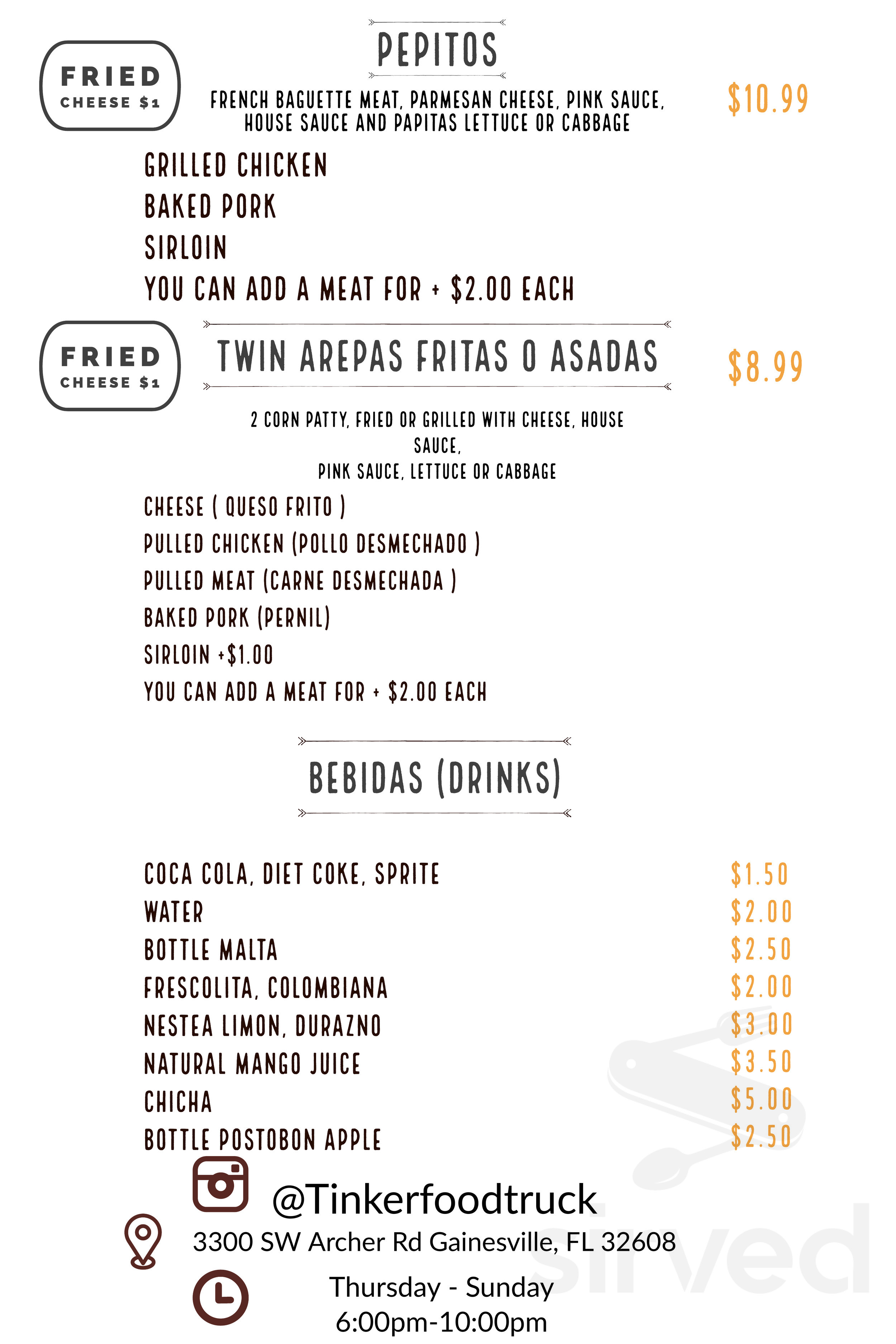 Tinker Latin Restaurant & Food Truck menu in Gainesville, Florida, USA
