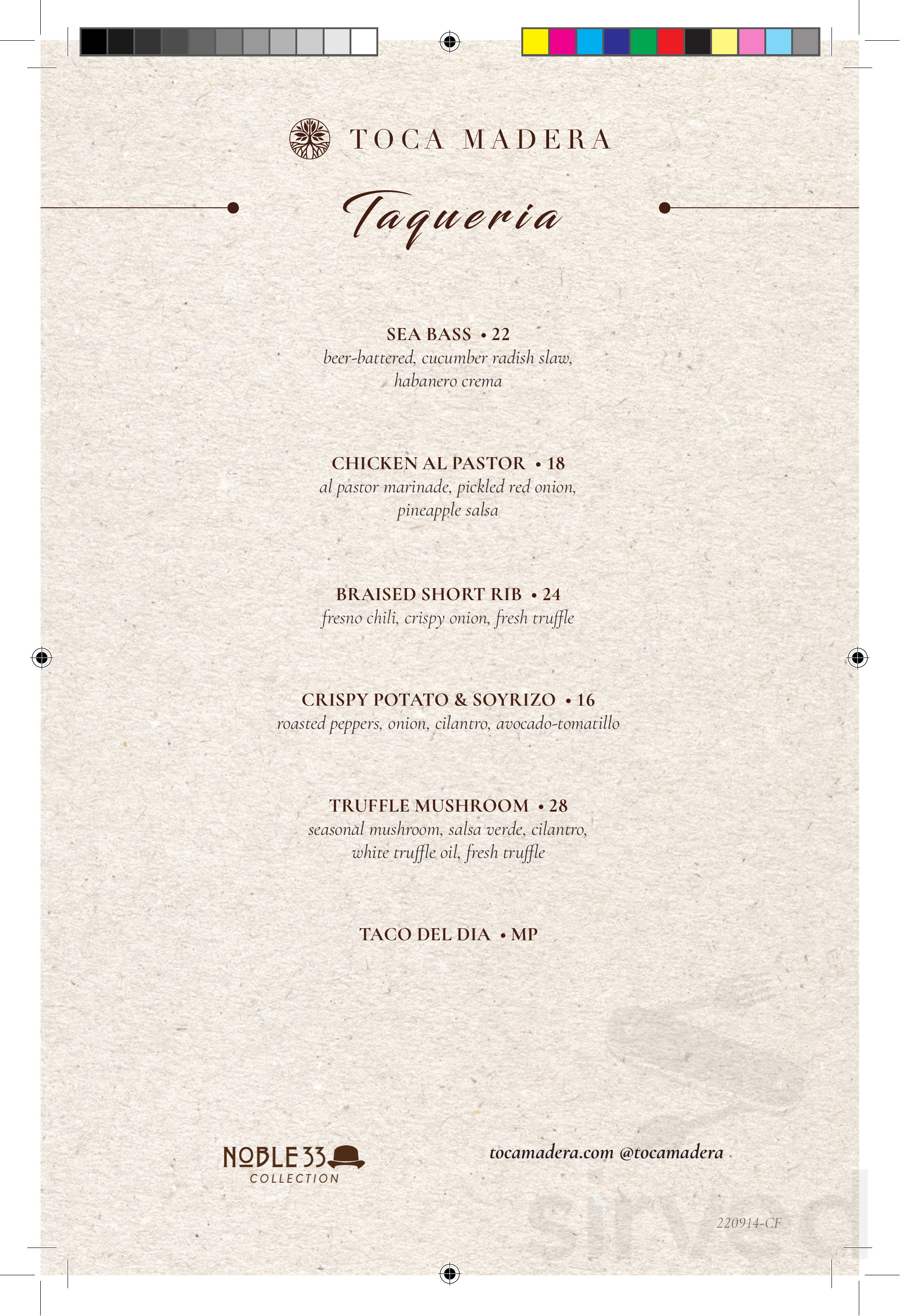 Menu - Las Vegas NV's Toca Madera Las Vegas | Sirved