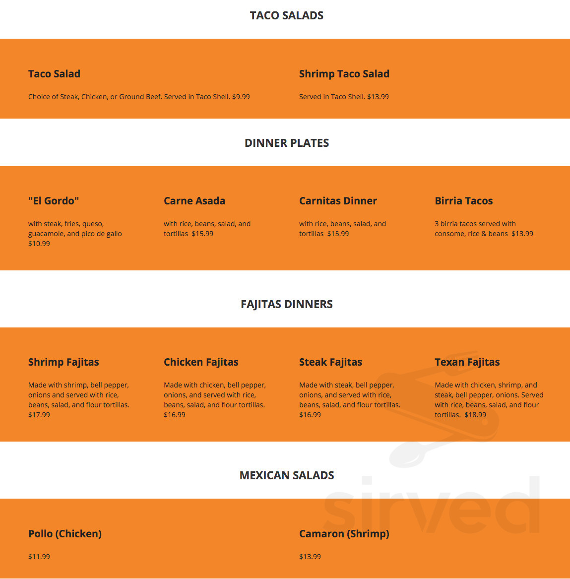 Menu - Niagara Falls NY's Taqueria El Charro | Sirved