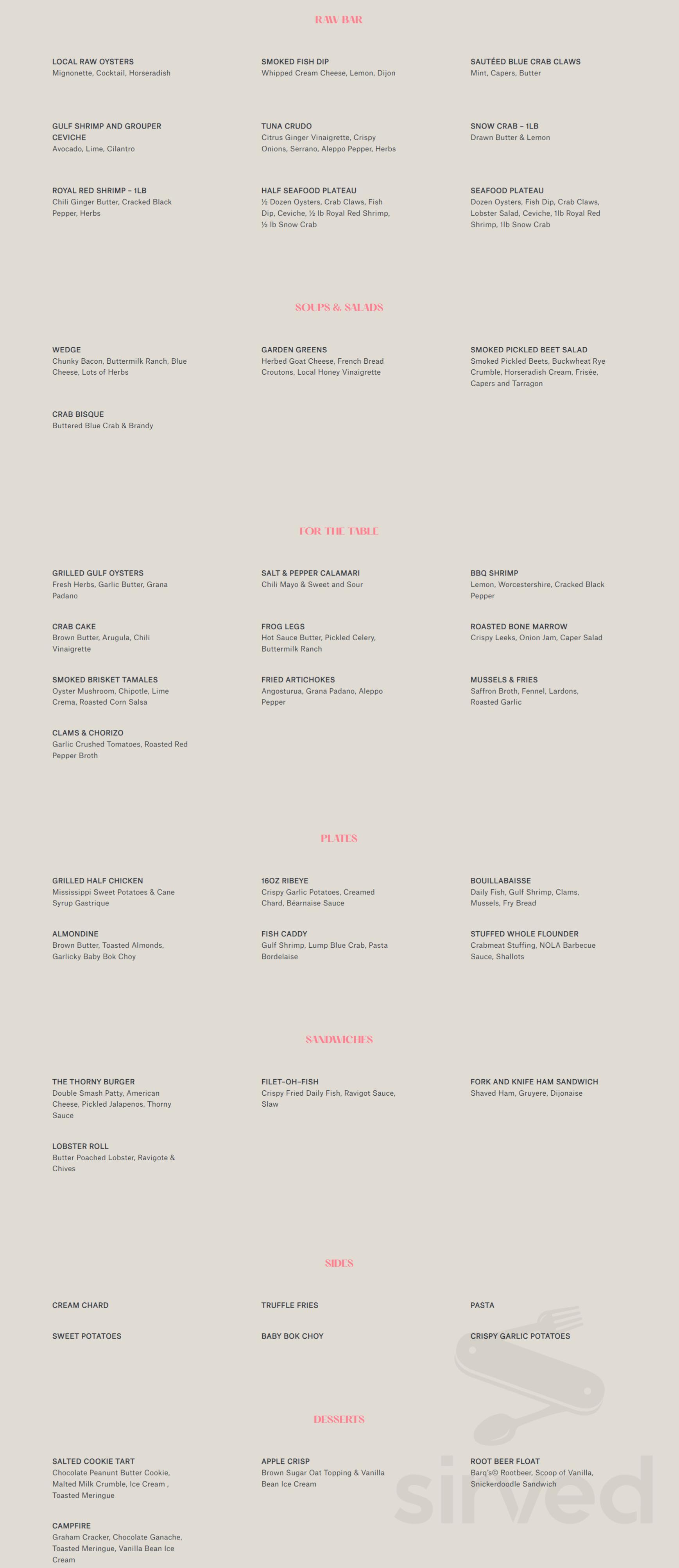 Menu for Thorny Oyster in Bay St Louis, Mississippi, United States