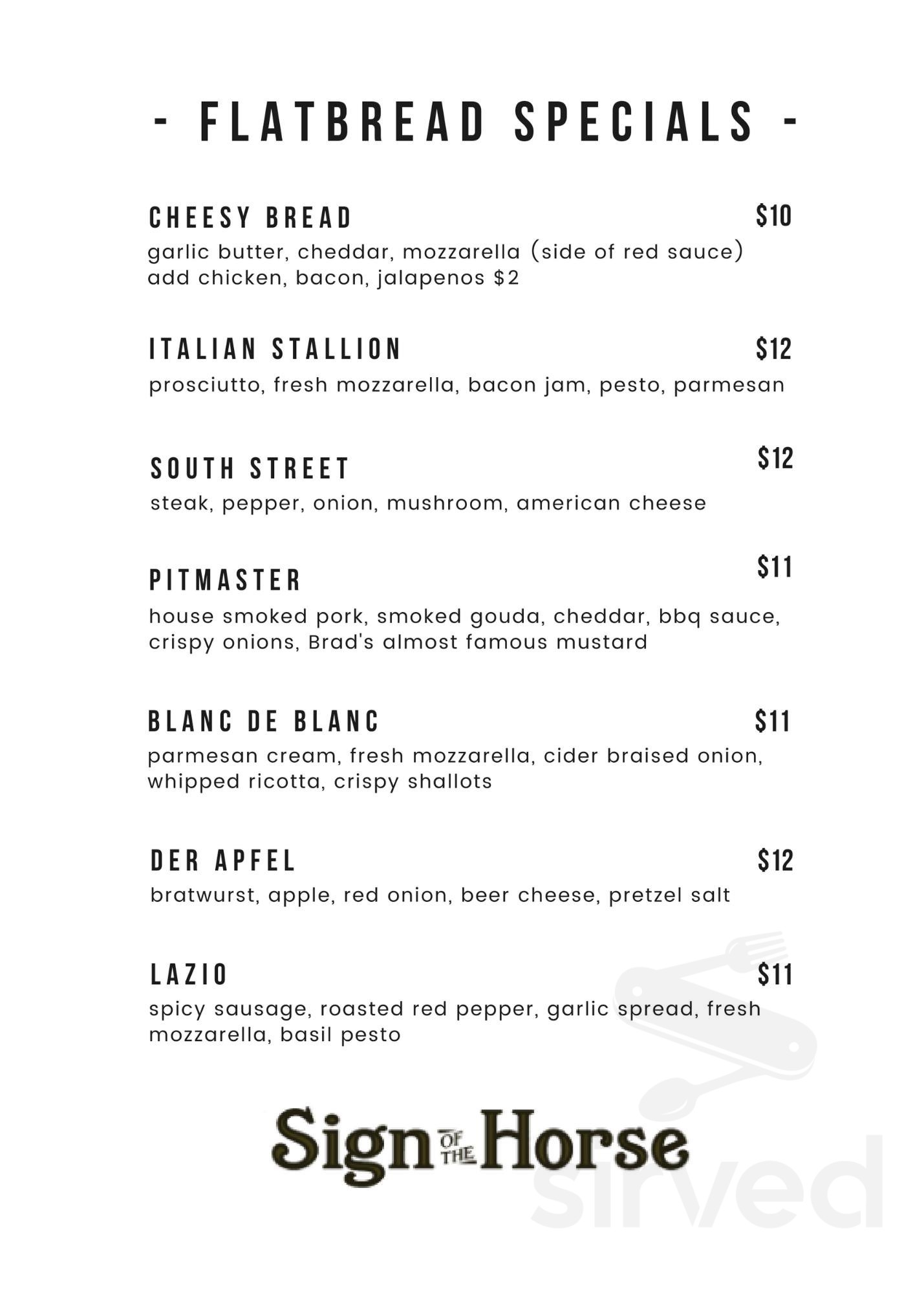 Menu for Sign of the Horse Brewery in Hanover, PA | Sirved