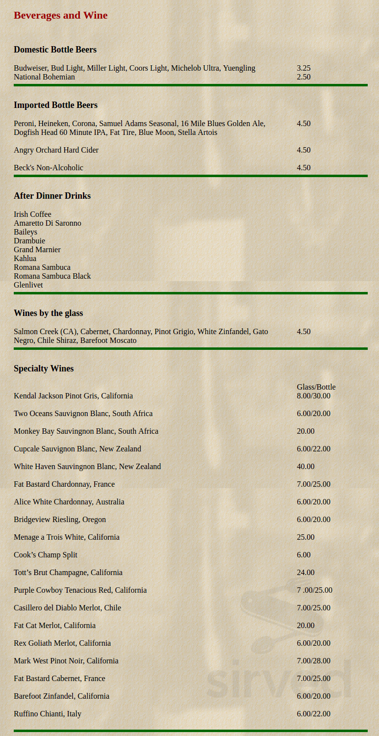 Uncle Charlie's Bistro menu in Chestertown, Maryland, USA