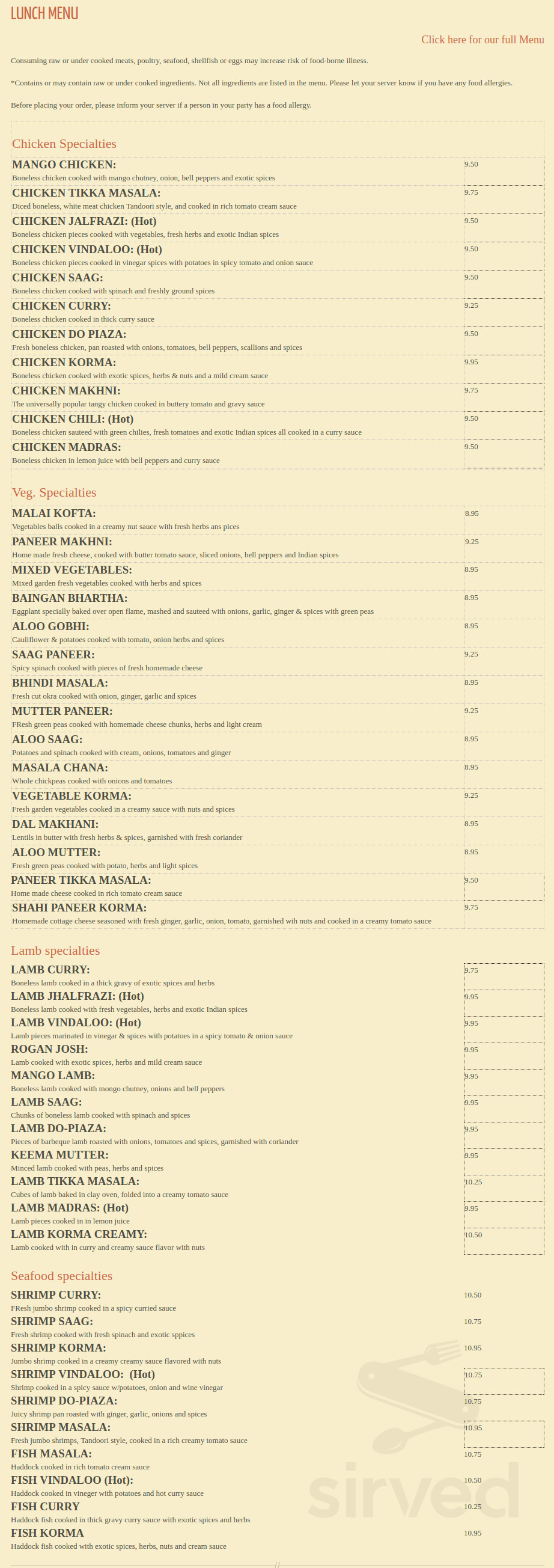 Anmol Restaurant menu in Beverly, Massachusetts, USA
