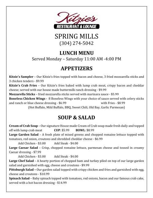 Kitzie's of Spring Mills menu in Martinsburg, West Virginia, USA
