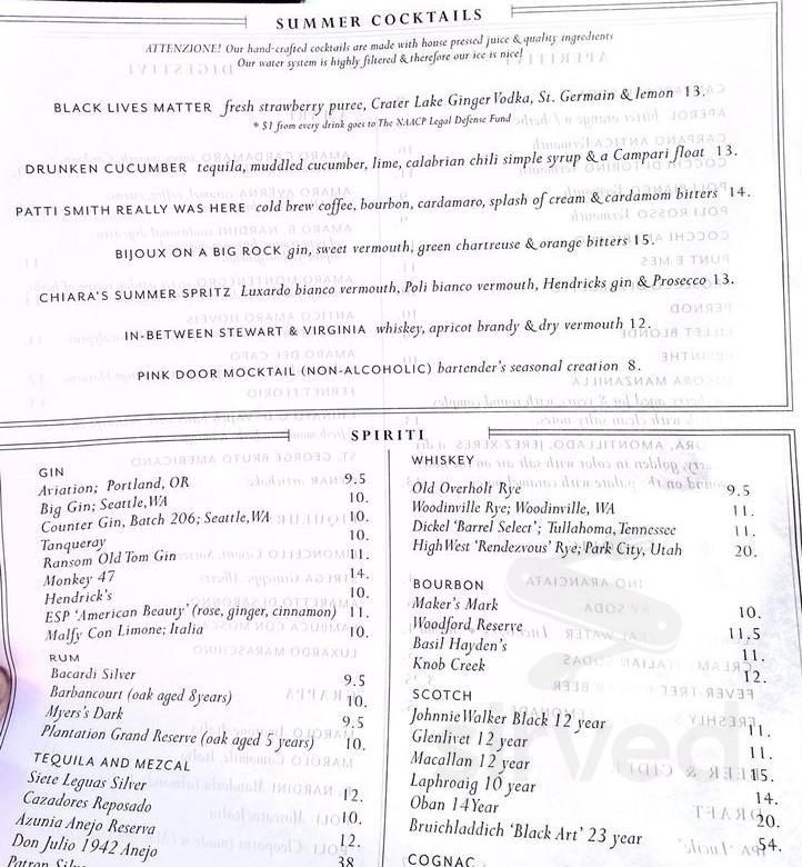 The Pink Door menu in Seattle, Washington, USA