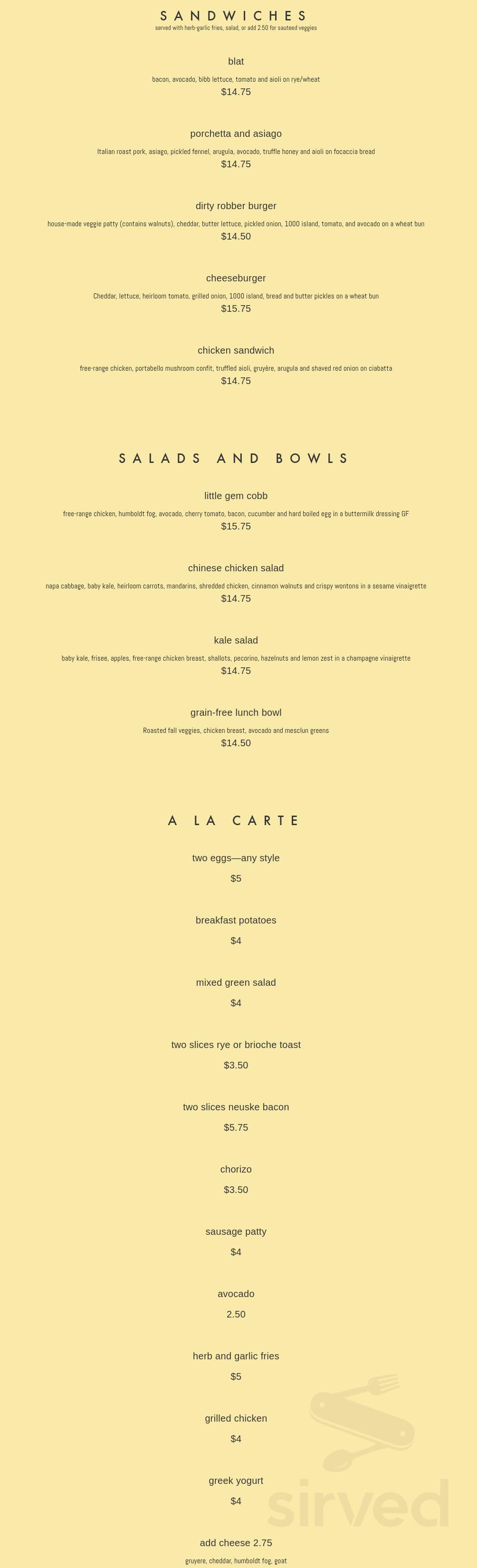 Square One Silver Lake menu in Los Angeles, California, USA