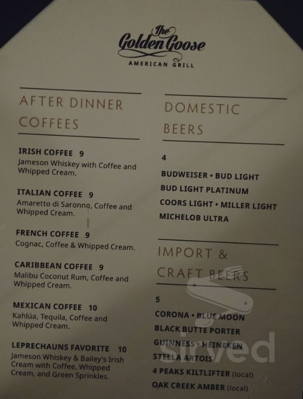 The Golden Goose American Grill menu in Sedona, Arizona, USA