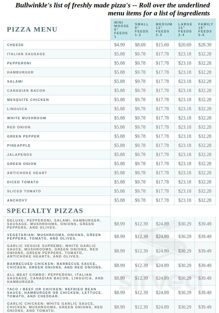 Menu - Juneau AK's Bullwinkle's Pizza Parlor | Sirved